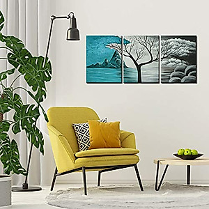 iKNOW FOTO 3pcs Grey and Teal Canvas Wall Art Abstract Cloud Tree Pictures Contemporary Landscape Giclee Artwork Painting Decorative Panels for Walls Bathroom Master Bedroom Decor 12x16inchx3pcs