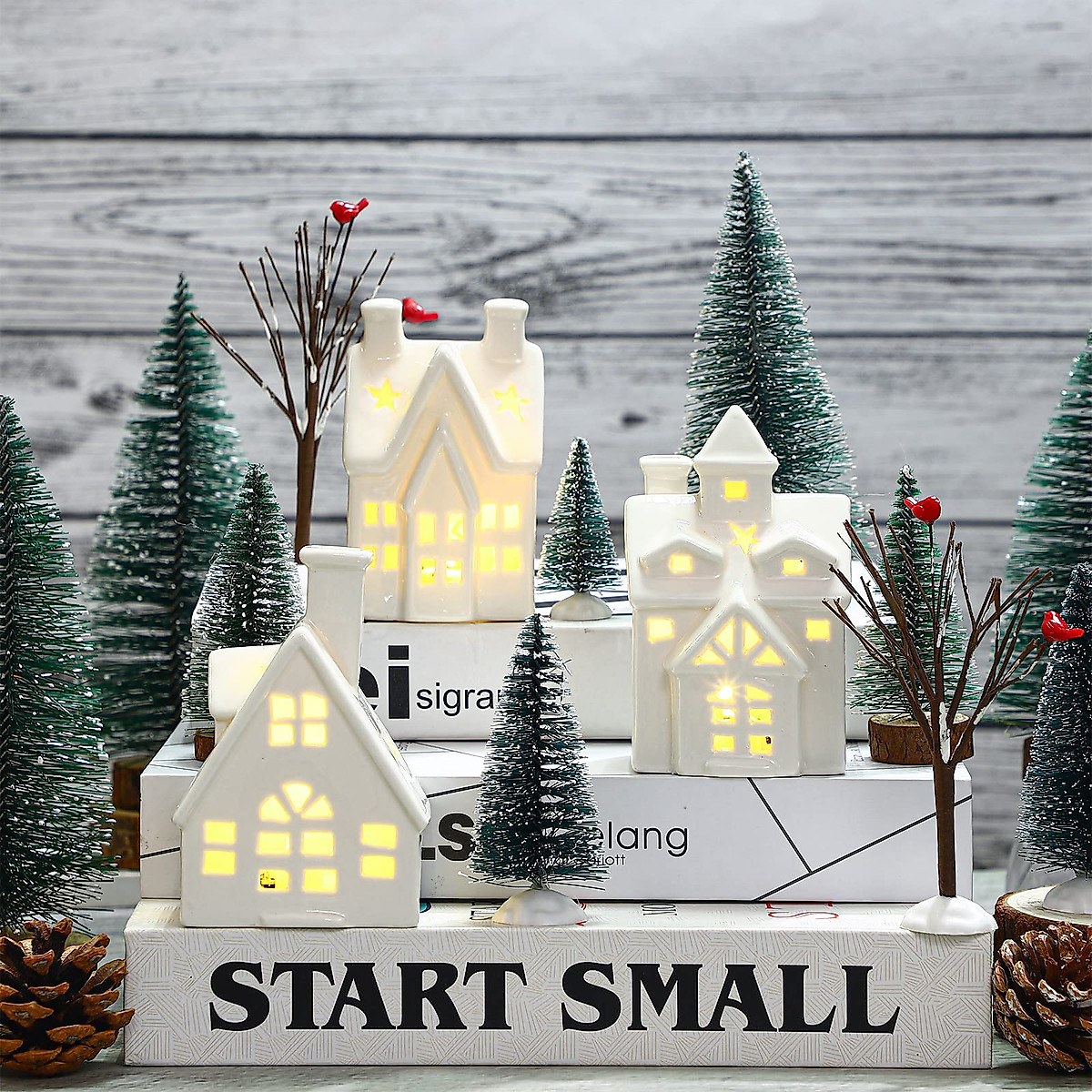 9 Piece Miniature Christmas Village with LED Lit Porcelain Houses, Figurines, Trees, Fences and Accessories