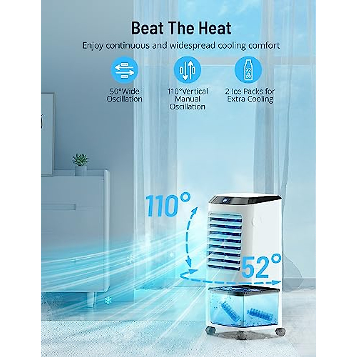 PARIS RHÔNE Evaporative Air Cooler, 4-in-1 Evaporative Cooler, Portable Swamp Cooler with Negative Ion, LED Display, 2.6Gal Water Tank, Remote Control, Casters for Home, Office