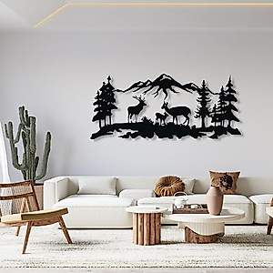 fayholy Metal Wall Art - Metal Deer Family art, Metal Wall Decor, Wildlife Lover Gift, Tree Mountain Decoration, Wall Hangings, Nature Wall Art (Silver, 24"x10" | 60x26 cm)