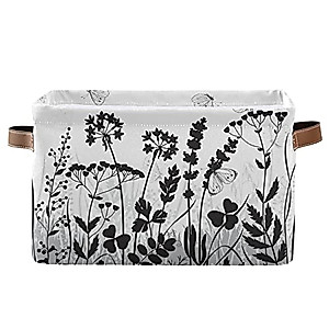 susiyo Black White Wildflowers Floral Storage Bins, 14 x 10 inch Canvas Storage Basket for Shelves Closet Organizing - 1 Piece