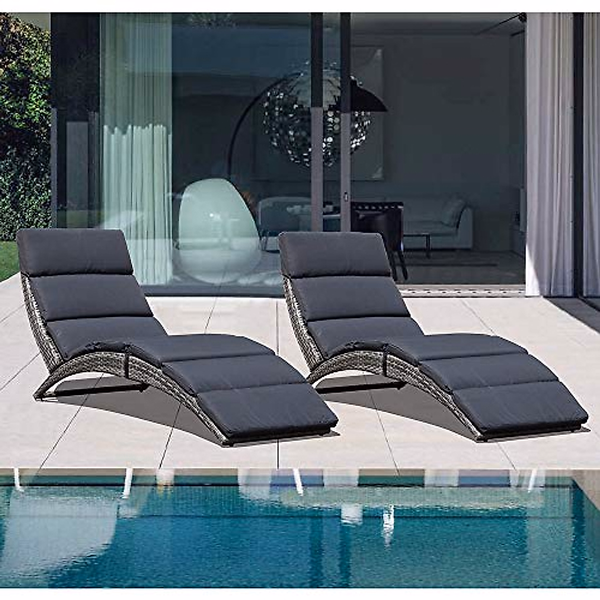 JOIVI Patio Chaise Lounge, Outdoor Lounge Chair, PE Rattan Foldable Chaise Lounger with Removable Dark Gray Cushion, Suitable for Poolside, Garden, Balcony 2 Pack