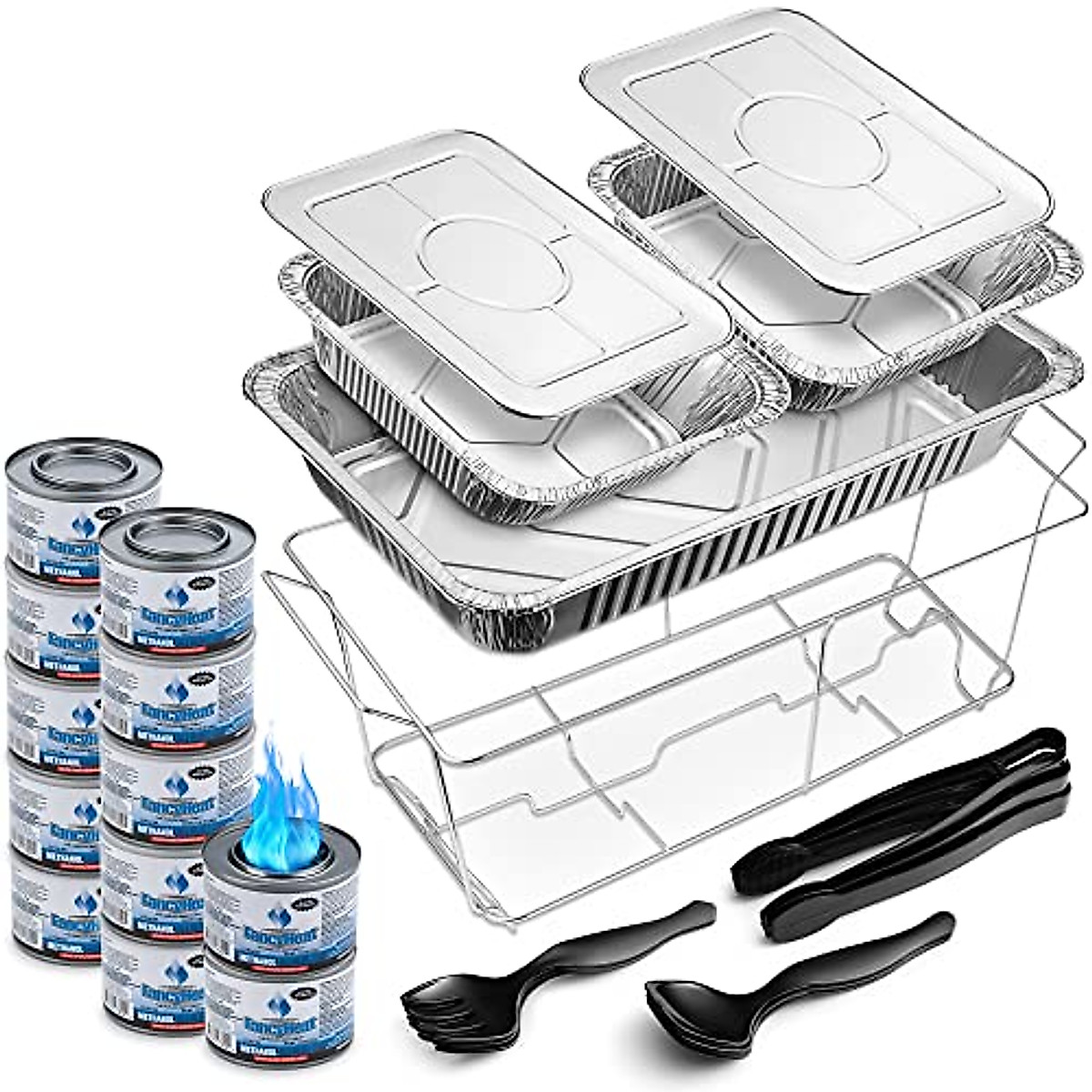 Disposable Chafing Dish Buffet Set - 39 Piece Food Warmers for Parties Buffet Servers, Wire Racks Aluminum Pans With Lids Serving Spoons Forks Tongs Gel Cans, Warming Trays for Food, Catering Supplies