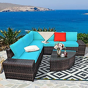 Tangkula 6 Piece Wicker Patio Furniture Set, Outdoor All Weather PE Rattan Conversation Set w/Tempered Glass Coffee Table, Sectional Sofa Set w/Comfortable Cushions for Backyard, Garden (Turquoise)