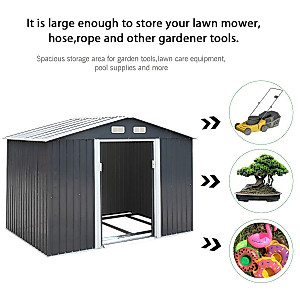 BWM.Co 6.3' x 9.1' Large Outdoor Backyard Storage Sturdy Garden Tool Shed Utility Lawn Building Organizer w/Gable Roof, Lockable Sliding Door, 4 Vents, Stable Base - Dark Grey