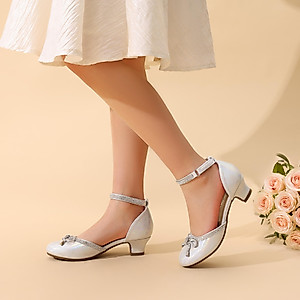 DREAM PAIRS Girls Dress Shoes Closed Toe Low Heels Ankle Strap Pumps for Toddler Little Big Kid Flower Party Wedding Princess,Size 2 Little Kid,SILVER,SDFL2318K
