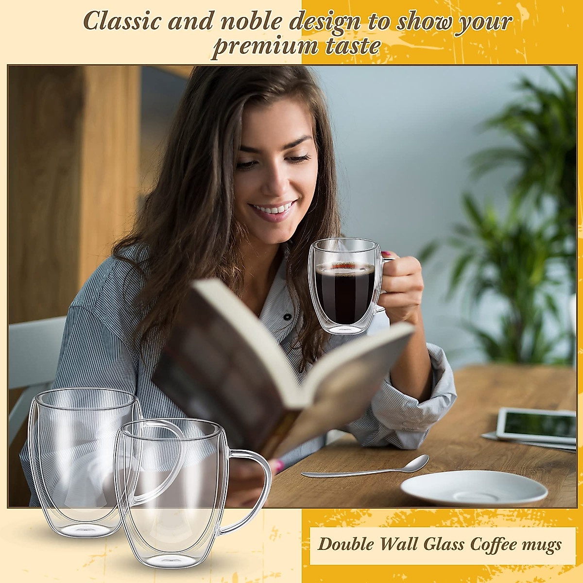 12 Pcs 12 oz Glass Coffee Mugs with Handle Set Clear Glass Coffee Cups Insulated Double Walled Glass Mugs for Hot Beverages Clear Borosilicate Cups with 12 Pcs Spoons for Cappuccino Latte Espresso