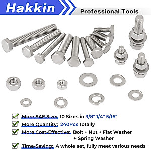 Hakkin 240Pcs Hex Bolts and Nuts Kit Stainless Steel Spring Washers Assortment Kit, 3/8" 1/4" 5/16", 10 SAE Sizes Machine Screws Set with Storage Case
