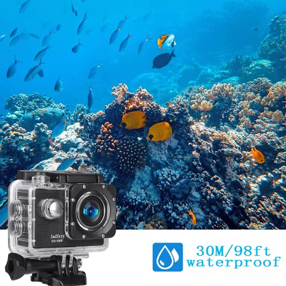 Jadfezy Action Camera FHD 1080P 12MP, 98FT/30M Underwater Waterproof Camera with 2 Batteries, Wide Angle Sports Camera with Accessories Kit Suitable for Helmet, Bicycle, etc. (FHD 1080P)