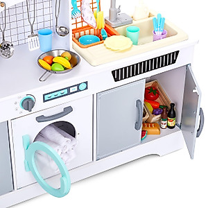 Lil’ Jumbl Kids Wooden Kitchen set, Pretend Working Sink with Real Running Water, includes Range Hood, Microwave & Stove Top That Make Realistic Sound & Light, Full Accessory Set Included