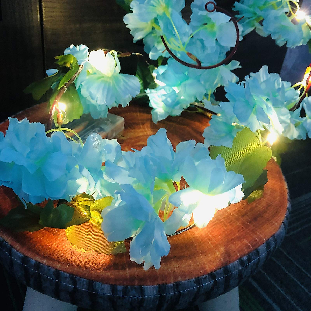 Artificial Cherry Blossoms String Lights Hanging Hydrangea Vines Plant Garland Silk Flower Fairy Light Battery Powered for Home Garden Wedding Party Decor (Blue, 2m/20 Led)