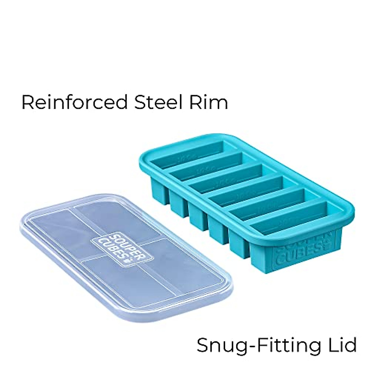 Souper Cubes 1/2-Cup Freezing Tray with lid, Aqua, makes 6 perfect 1/2 cup portions, freeze pesto, salsa, sauce, food
