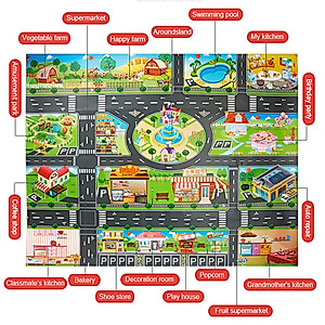 Plastic Toy Rug, Self Cleaning Oil Free Cloth,Washable for Floor Or Table,Kids Carpet PVC City Life,Educational Road Traffic Play Mat Learning Carpets for Kids