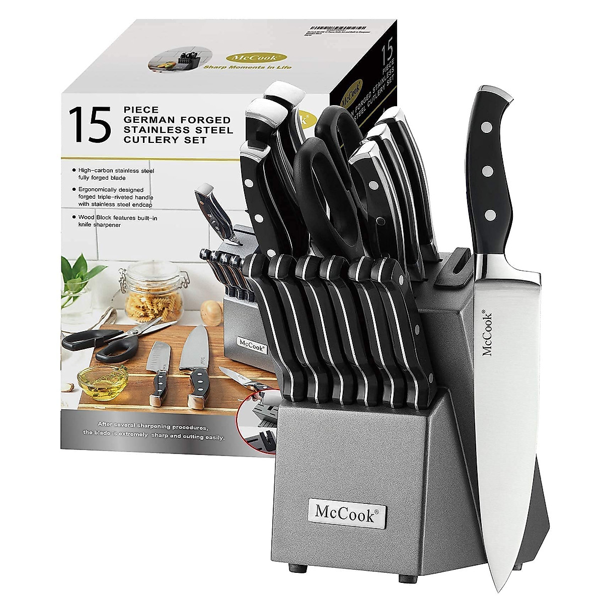 McCook MC25A German Stainless Steel Knife Block Sets with Built-in Sharpener + MCW12 Bamboo Cutting Board (Large, 17”x12”x1”)