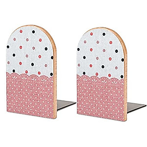 2 Pack Wood Bookends,Polka Dots On Pink and Gray Decorative Book Ends Support for Shelves Desktop Organizer Wooden Bookshelf for Home School Office