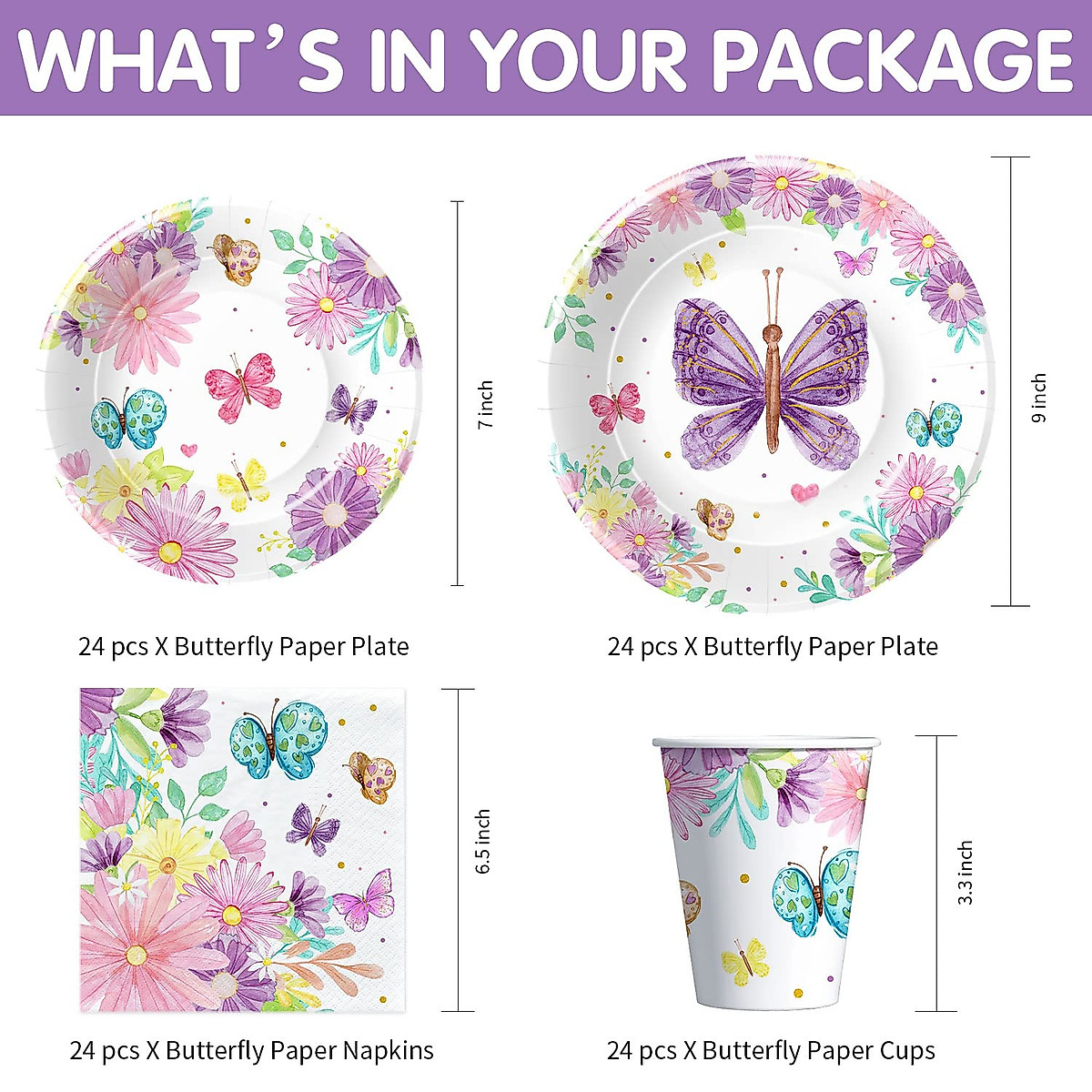 Xigejob Butterfly Party Decorations Tableware - Butterfly Birthday Party Supplies Include Plate, Cup, Napkin, Tablecloth, Cutlery, Straws, Butterfly Baby Shower Birthday Party Decorations | Serve 24