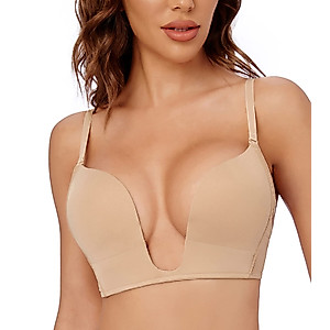 Wekofi Deep V Plunge Bras for Women Convertible Sexy Low Back Invisible Magic Wire Bra(Sand, 38C)