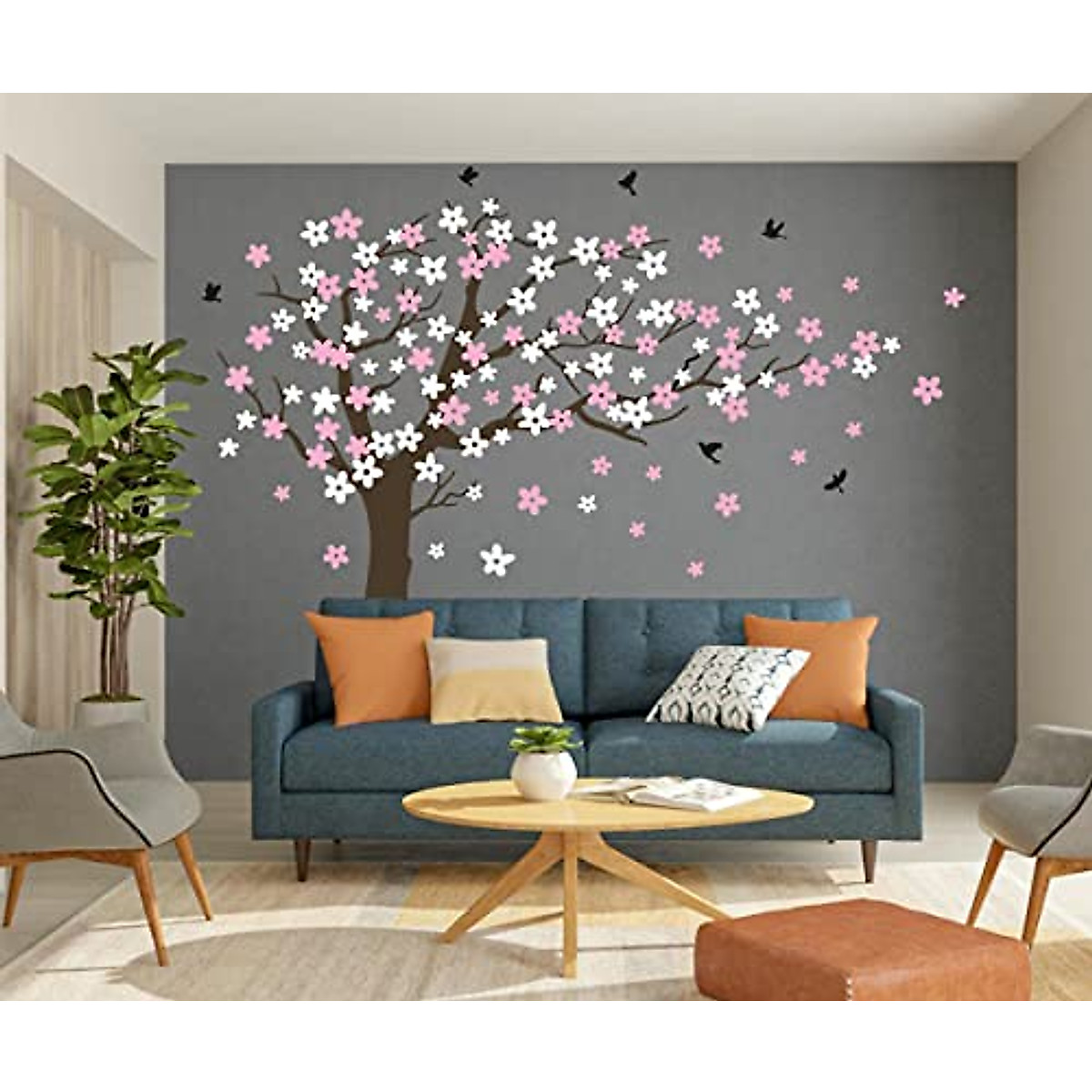 Large Cherry Blossom Tree Blowing in The Wind Tree Wall Decals Wall Sticker Vinyl Wall Art Kids Rooms Teen Girls Boys Wallpaper Wall Stickers Room Decor (Dark Brown Tree,White and Pink Flower)
