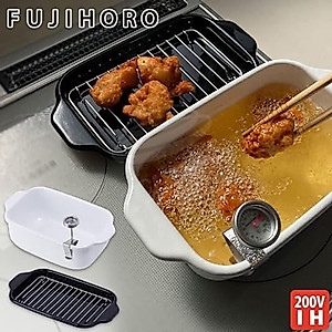 Fuji Enamel Tempura Pot, Square, Enamel, Washable Thermometer, Slackboard Net with Bat, White