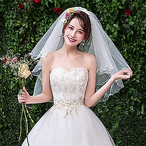 Wedding Veil,White Bridal Veil with Comb, 3 Tier Ribbon Edge with Pearl Center Cascade for Bachelorette Party