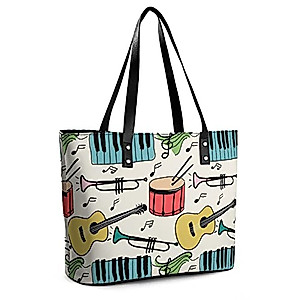 Womens Handbag Piano Guitar Drum Pattern Leather Tote Bag Top Handle Satchel Bags For Lady