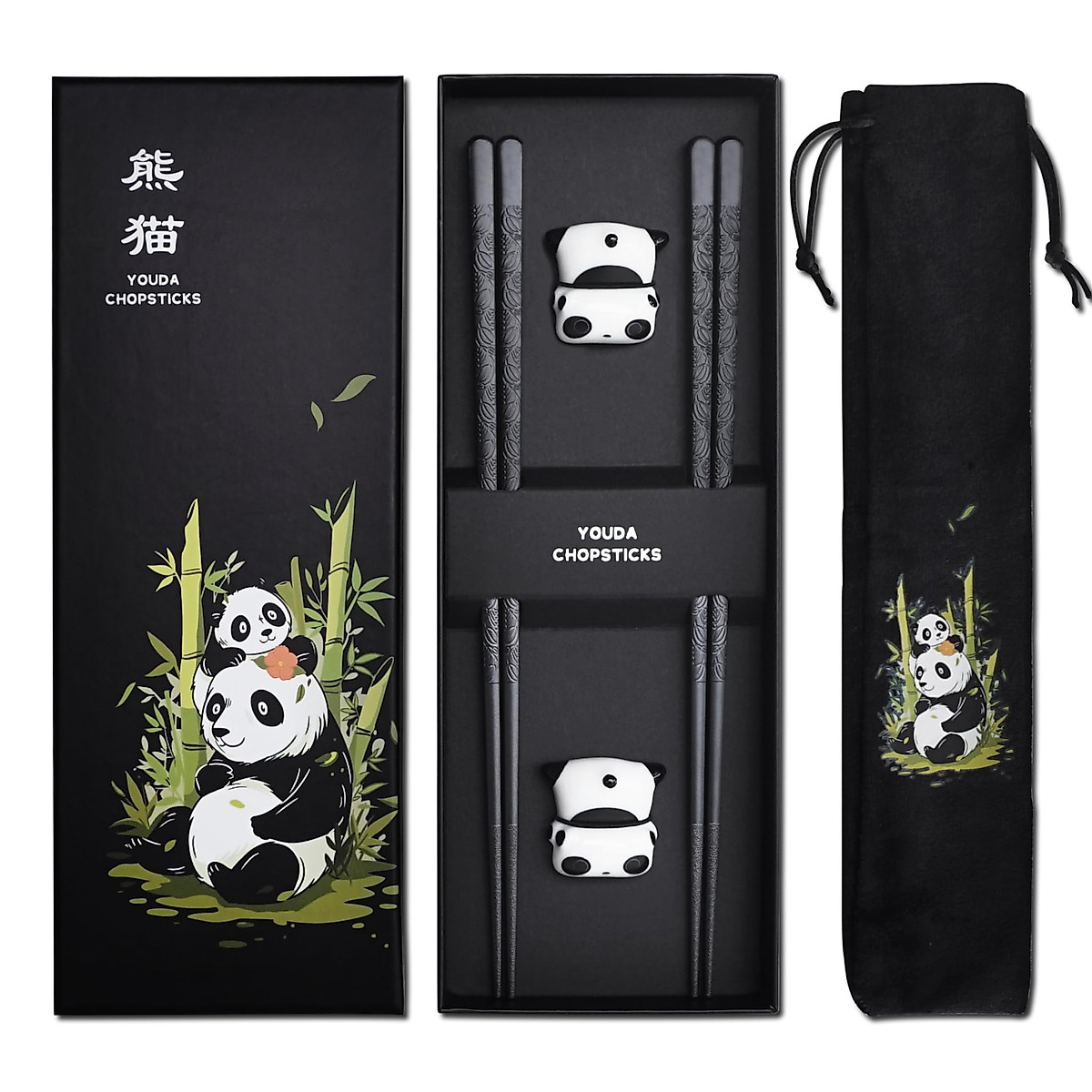 Chopsticks Reusable Fiberglass Chopsticks with Holder Chinese Japanese Gift Set Chopsticks Set Dishwasher Safe Alloy Chopsticks + Ceramic Cute Panda Chopstick Rest (2 Pairs - Panda)