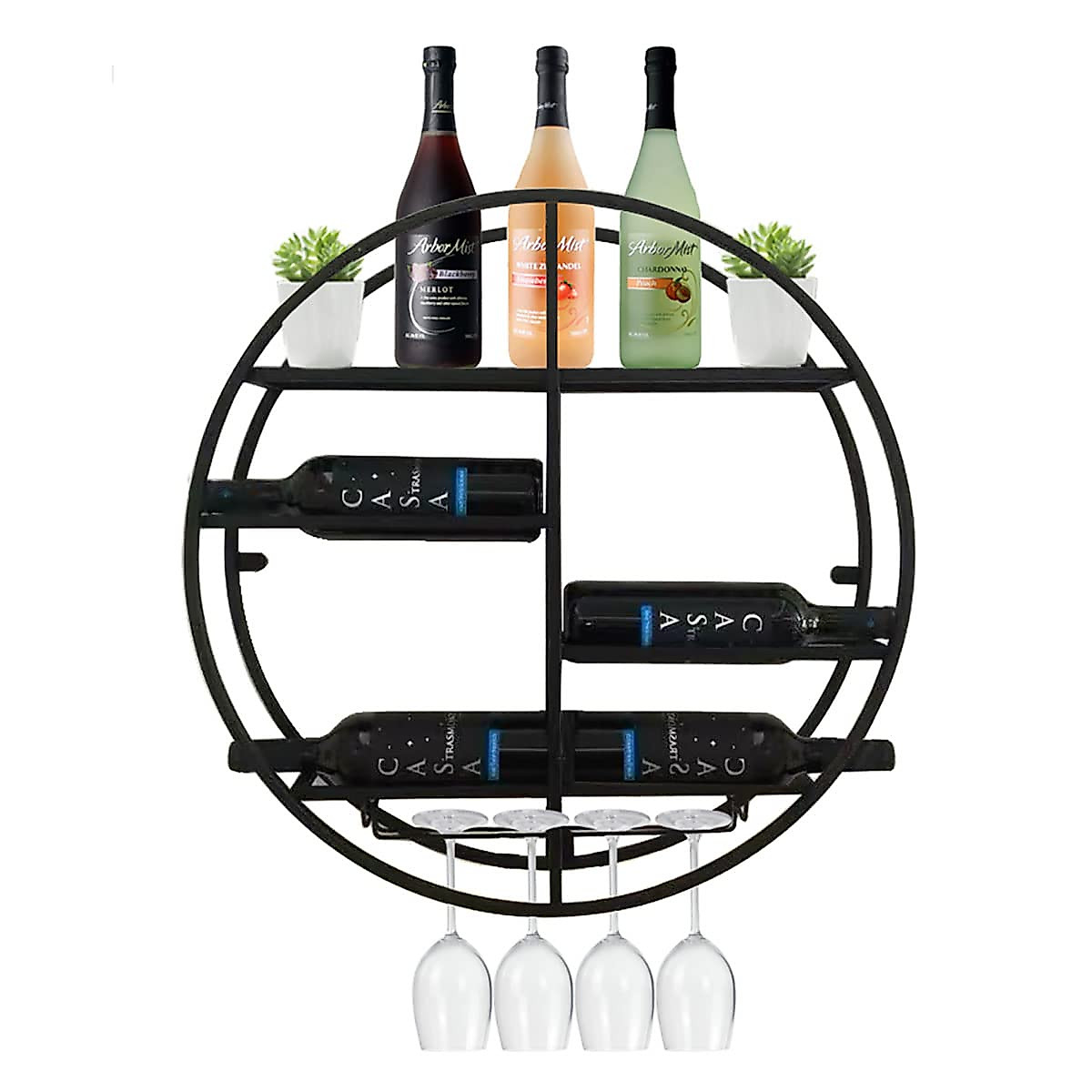 Wall Mounted Wine Rack, Elegant Black Metal Round Wine Glass Holder for Home Bar and Kitchen Décor - Space-Saving Wine Bottle Organizer and Glass Shelf for Parties and Entertaining - 23.6 Inches