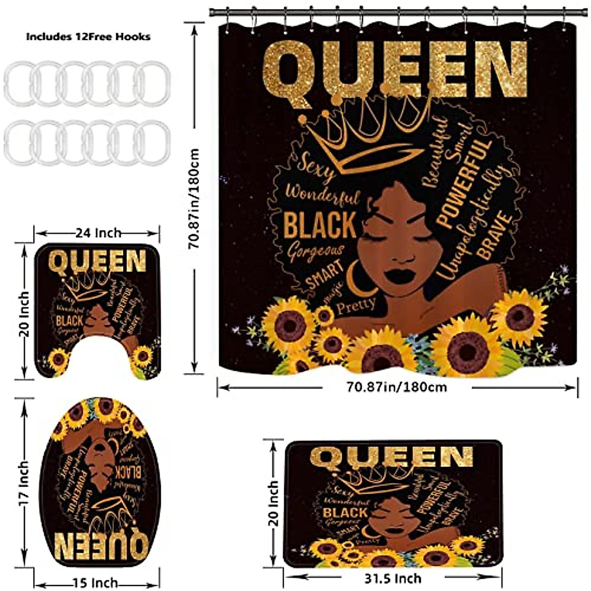 Mycurer African Bathroom Sets with Shower Curtain and Rugs,American Black Queen Inspiring Quotes Bathroom Sets with Accessories,Sunflower Black Girl Bathroom Curtains Shower Set,Large Size