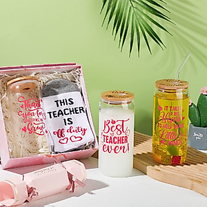 Tanlade 6 Pcs Teacher Appreciation Gifts Set Include Teacher Glass Cup with Lid and Glass Straw Teacher Tumbler Teacher Appreciate Socks Teacher Gifts Cool for Women Men Holiday Graduation Birthday