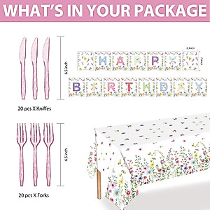 122PCS Wildflower Baby Shower Party Supplies for Girls First Birthday Spring Floral Wedding Party Decorations Disposable Plates Napkin Cups Tablecloth Banner Tableware Set for 20 Guests