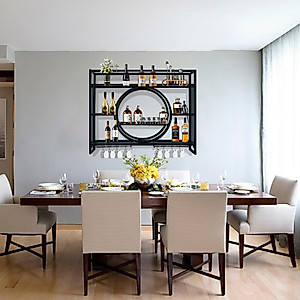 Wall Mounted Wine Rack, Hanging Metal Round Wine Rack Cabinet, Multifunctional Storage Rack, Vintage Style Wine Bottle Shelf, with Wine Glass Holder, for Home Restaurant Bars (120cm/47.2in)