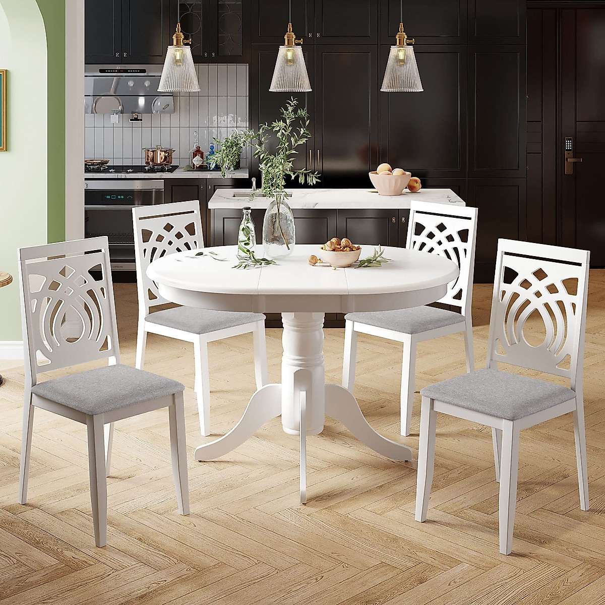 Merax Mid-Century Wood 5-Piece Extendable Dining Table Set with 4 Upholstered Chairs for Small Places, White_Round