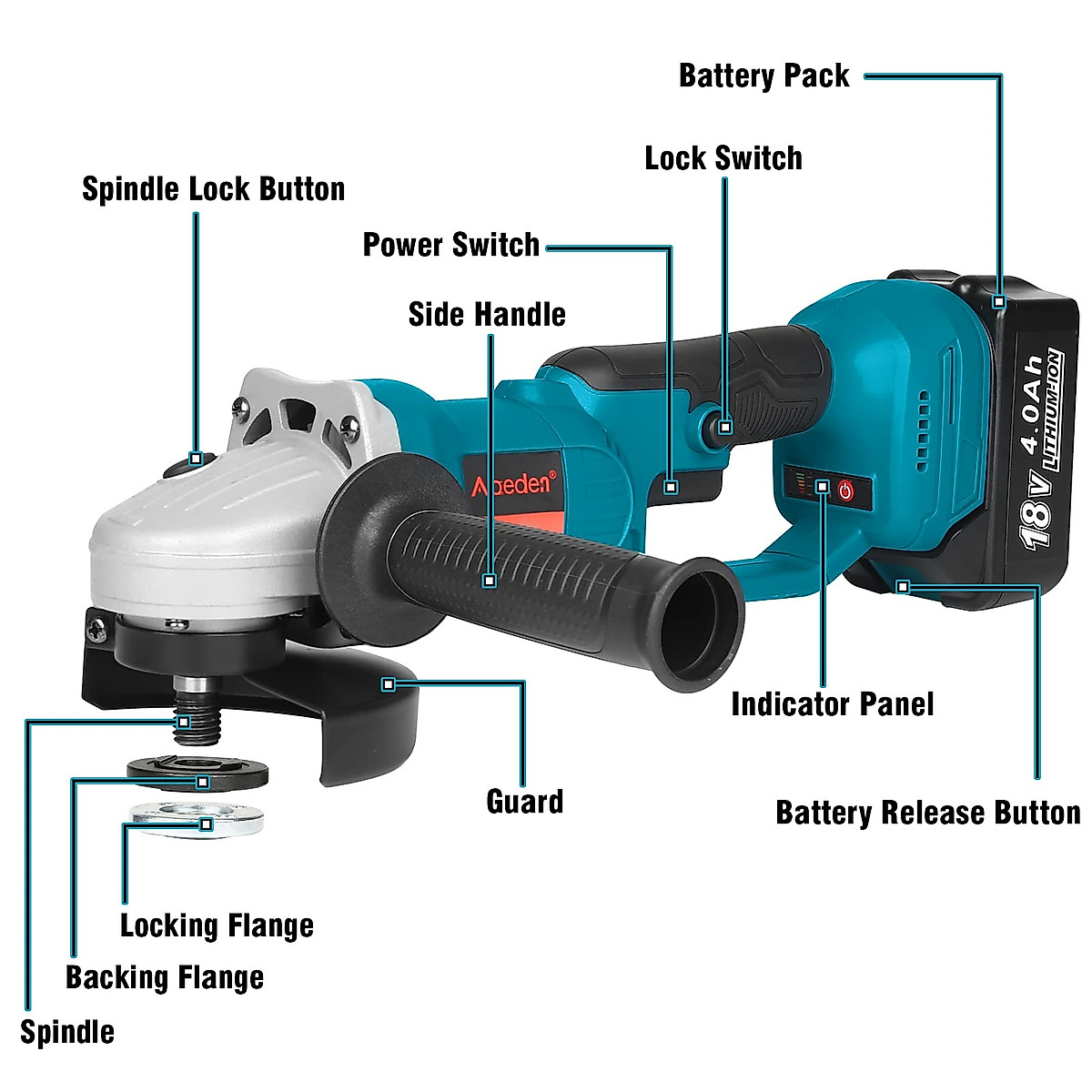 Cordless Angle Grinder with 18V 4.0Ah Li-Ion Battery & Charger,4-1/2-Inch,Brushless Motor,2-Position Handle,Battery Powered Grinder Tool Set for Metal Wood
