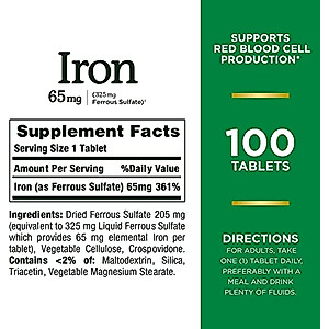 Nature’s Bounty Iron 65mg, 325 mg Ferrous Sulfate, Cellular Energy Support, Promotes Normal Red Blood Cell Production, 100 Tablets - Pack of 2