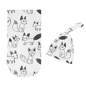 Sweet Jojo Designs Woodland Fox Baby Boy or Girl Cocoon and Beanie Hat Set Jersey Stretch Knit Sleeping Bag for Infant Newborn Nursery Sleep Wrap Sack - Black and White Forest Animal Gender Neutral