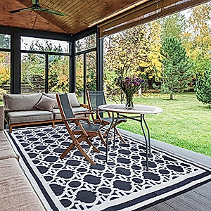 RURALITY Outdoor Rugs 8x10 for Patios Clearance,Plastic Waterproof Mats for Camping,Porch,RV, Large Straw Area Rugs for Picnic,Reversible,Black and White