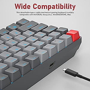 84 Keys Mechanical Gaming Keyboard, Compact Gray Gaming Keyboard with Linear Red Switches, Wired Detachable Type-C Cable Mini Keyboard with Blue Light for Windows/Mac/PC/Laptop