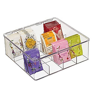 mDesign Plastic Stackable Tea Bag Organizer Storage Bin with Lid for Kitchen Cabinets, Countertops, Pantry - Container Holds Beverage Bags, Cups, Pods, Packets, Condiment Accessories - Clear