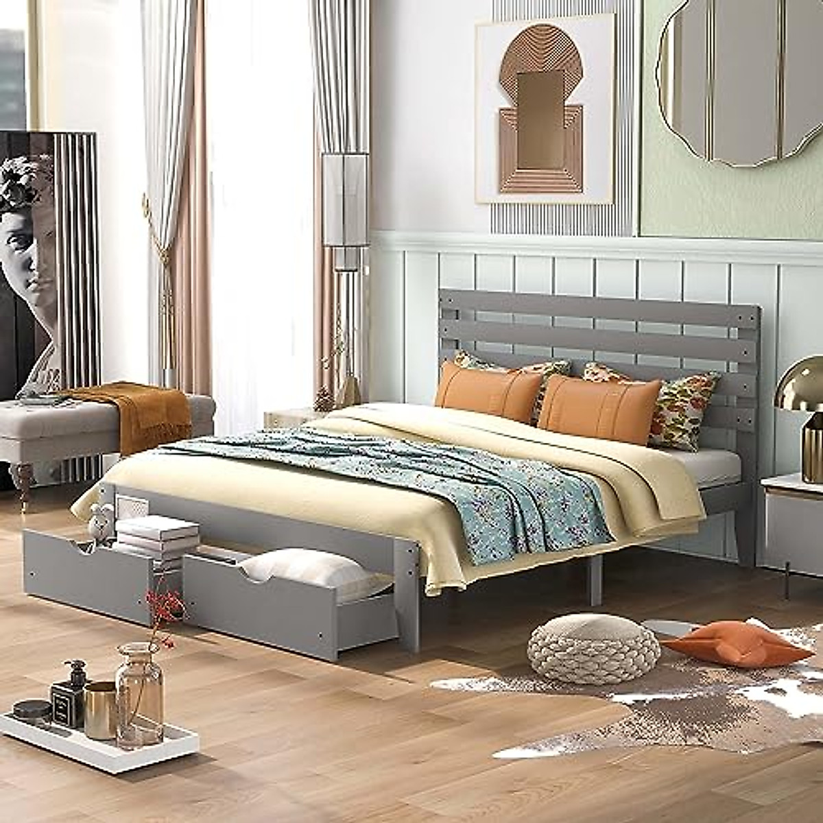 DUNTRKDU Queen Size Pine Platform Bed Frame with 2 Storage Drawer, Modern Classic Platform Bed with Headboard/Wood Slats Support/Easy Assemble for Bedroom Apartment Girls Boys Teens (Gray, Queen)