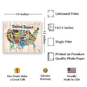 United States of America Map - American State Wall Decor print, This Rustic USA Travel Wall Poster Print Is An Ideal Wall Art For Home, Office, Garage, Cave, and Shop Decor, Unframed - 11x14"