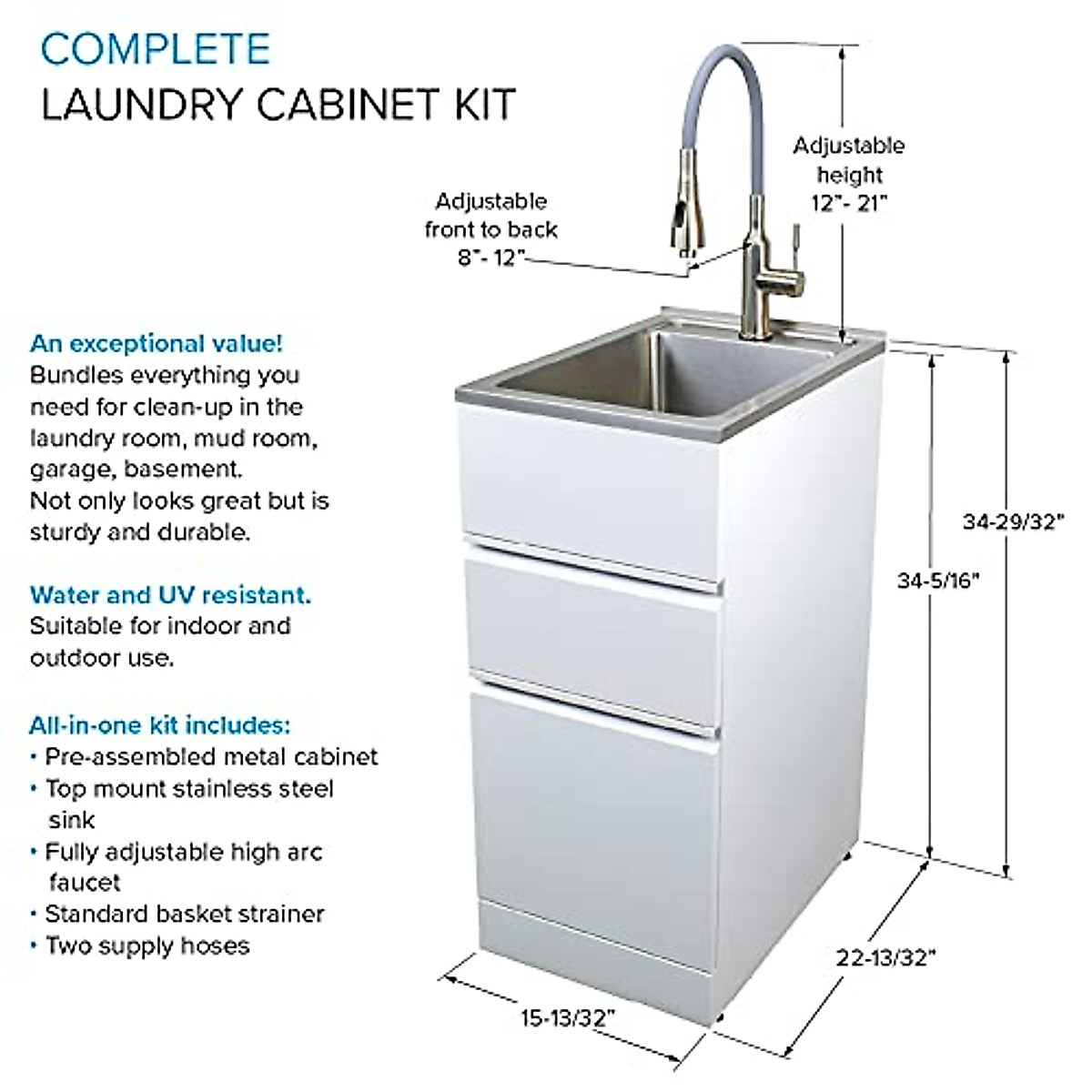 Transolid TC2D-1522-W All-in-One 15.5 in. x 22.4 in. x 34.9 in. Metal Drop-In Laundry/Utility Sink and Cabinet in Gloss White