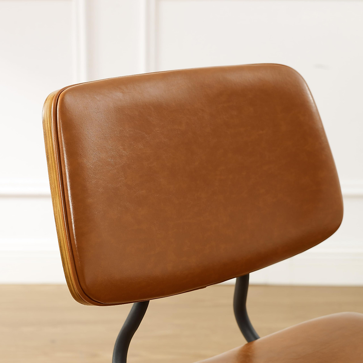 Art Leon Dining Chairs, Set of 2, Mid Century Modern Faux Leather Dining Room Chairs with Bentwood, Armless Accent Chairs with Black Metal Legs for Kitchen Living Room, Brown