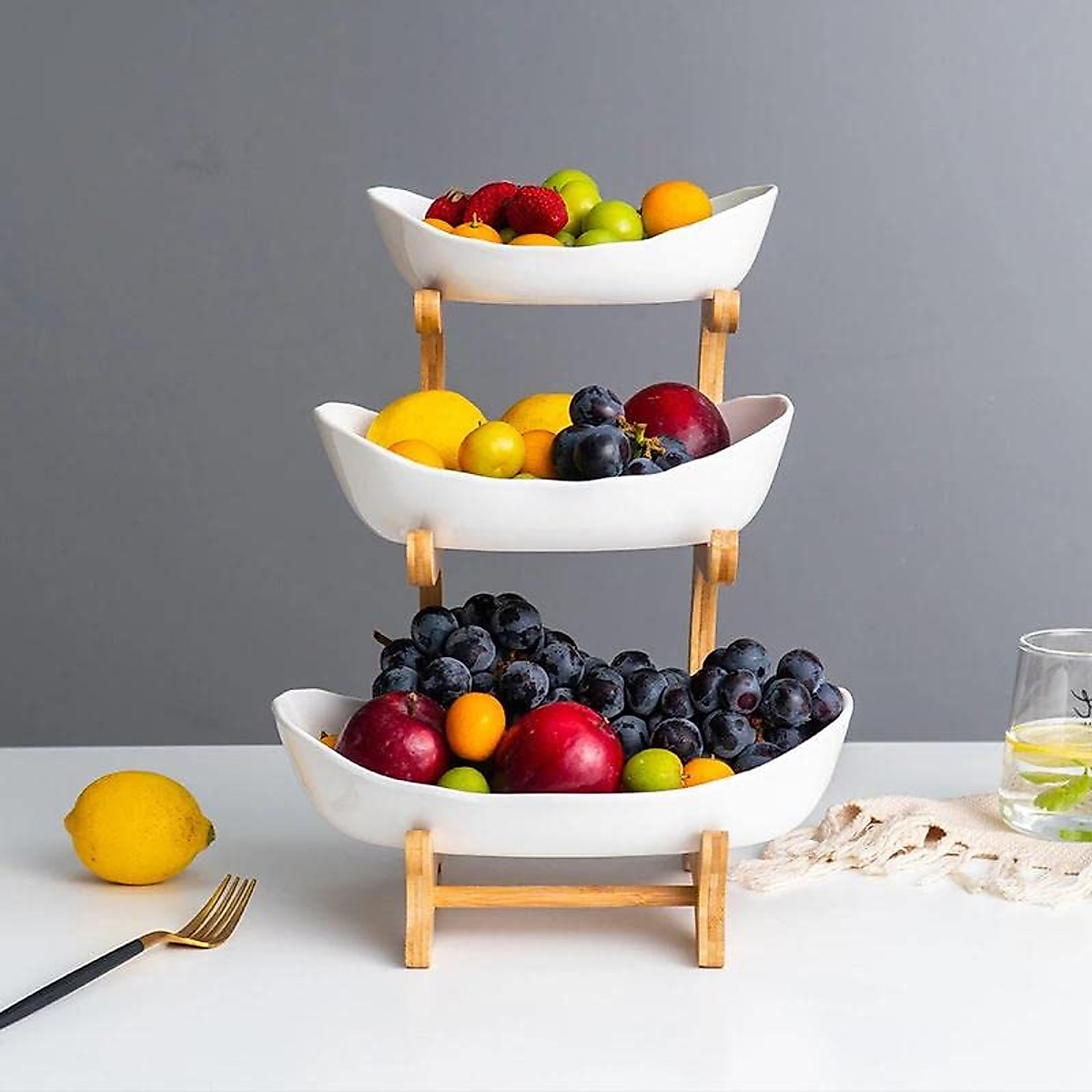 3 Tier Fruit Basket, Ceramic Fruit Bowl for Kitchen Counter, Home Fruit Bowl Set with Holder for Fruit Veggies Tray Snacks Nuts Bread Candy Storage Holder (White porcelain)