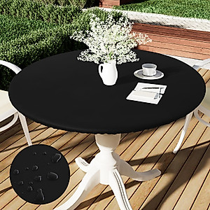 Smiry Round Table Cloth Cover, Elastic Fitted Flannel Backed Vinyl Tablecloths for 36"-44" Round Tables, Waterproof Wipeable Table Covers for Indoor, Outdoor, Picnic and Camping, Black