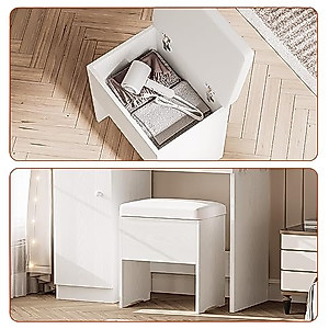 LIKIMIO Vanity Desk with Drawers & LED Lighted Mirror & Power Outlet & Cabinet, Storage Stool, Stylish Bedroom Makeup Table Set, White