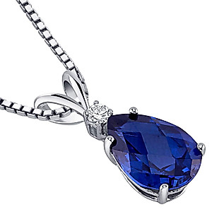Peora Solid 14K White Gold Created Blue Sapphire with Genuine Diamond Pendant for Women, Elegant Teardrop Solitaire, 2.45 Carats Pear Shape 10x7mm