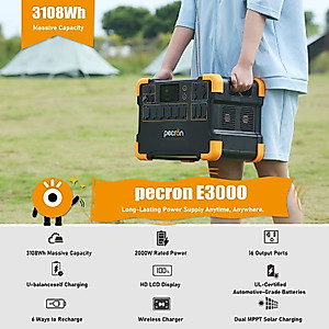 pecron E3000 Portable Power Station,3108Wh Portable Solar Generator with 6X110V/2000W AC Outlets 1200W Max Solar Input Backup Power for Outdoors Camping Fishing Emergency