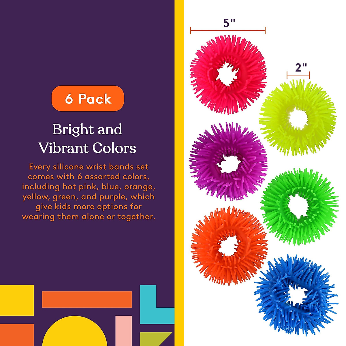 Special Supplies Squishy Fuzzy Band Bracelets for Kids, 6 Pack, Flexible and Stretchy Wearable Sensory Toys, Tactile Silicone Squiggly Touch, Bright and Colorful Wristbands