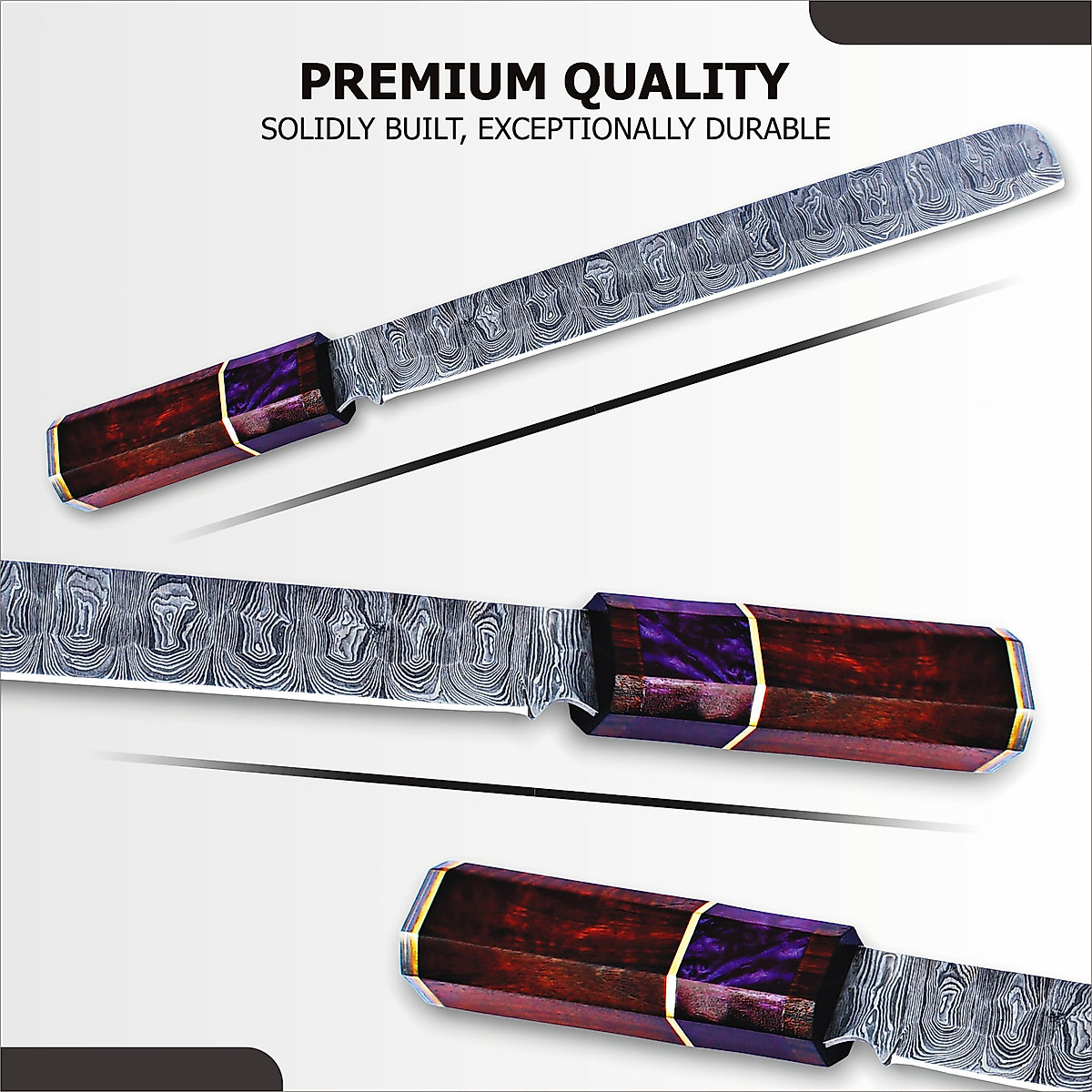 Wootzex 14” Damascus Chef Knife For Men & Women, Handmade Full Tang Brisket Knife With Wooden Handle, Razor Sharp Carving Knife For Meat Cutting, Professional Kitchen Knife For BBQ Veggies & Fruits