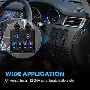 Kohree 4 Gang Marine Boat Rocker Switch Panel, 12V Waterproof LED Lighted Toggle Switches Fuse Breaker Protected Control with QC3.0 USB Power Outlet for Car Boat RV Scooter Truck Vehicles